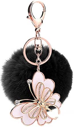 RCFINE Puffball Butterfly Artificial Fur Ball Keychain Pom Pom Keychain ...