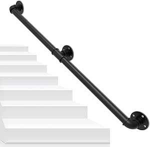 MOOTACO 1.5M/5FT Stairs Handrail, Black Metal Wall Balustrade, Non-Slip Wall Mount Industrial ...