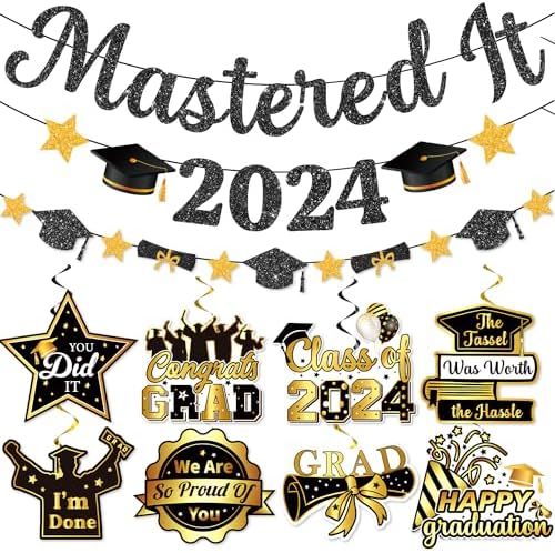 Amazon.com: Mastered It Graduation Decorations, Black Gold Glitter ...