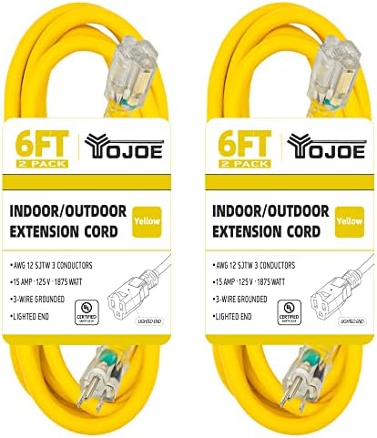 Amazon.com: PlugSaf 12/3 Gauge Yellow Indoor Outdoor Extension Cord 1FT ...