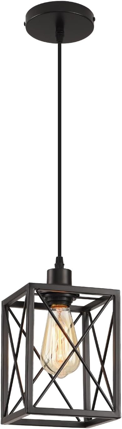 Square Pendant Light with Metal Cage,Modern Black Industrial Mini ...