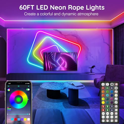 SINLEY Led Neon Rope Lights 60FT,Control with App/Remote,Flexible Led ...