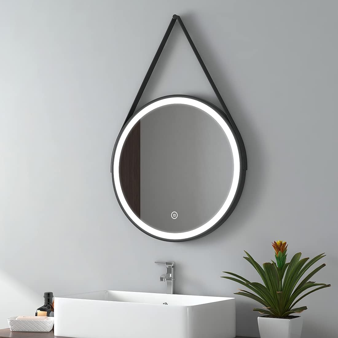 EMKE Round Led Mirror with Leather Hanging Strap, Large Round Mirror ...