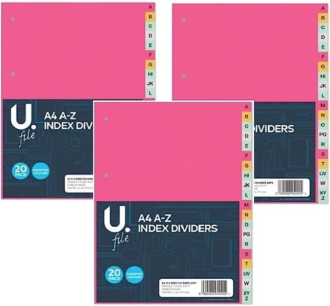 LGT A4 File Index Dividers. A-Z Binder Dividers. 3 x Pack of 20 ...