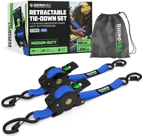 Rhino USA Retractable Ratchet Tie Down Straps (2PK) - 540kg Guaranteed ...
