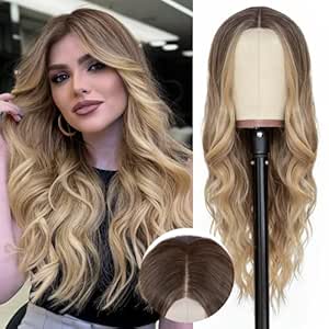 Amazon.com : NAYOO Long Ombre Blonde Wavy Wig for Women 26 Inch Middle Part Lace Hairline Curly ...