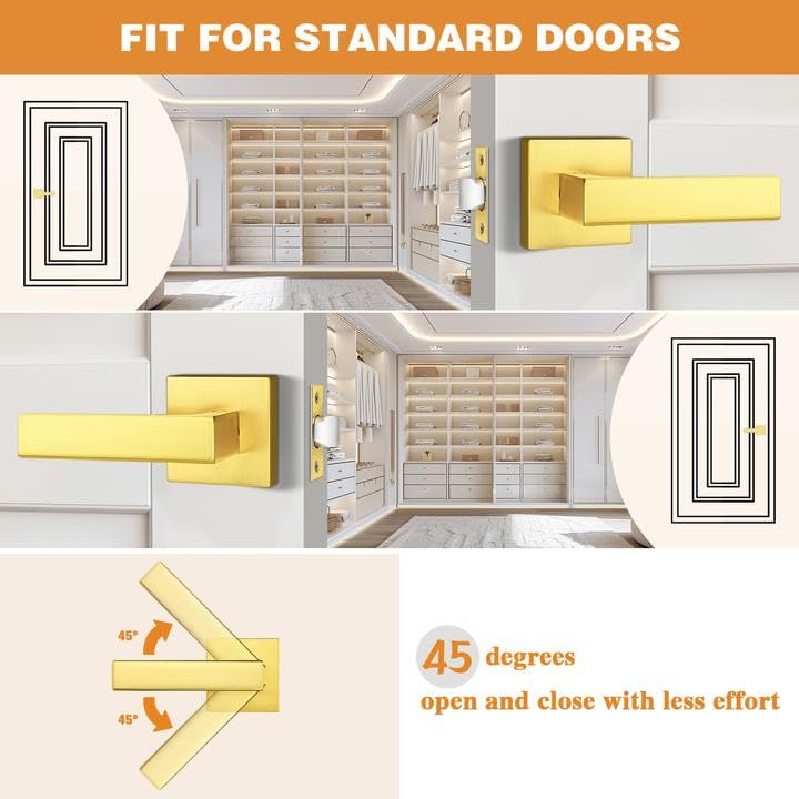 Snapklik.com : 3 Pack Square Brushed Gold Passage Door Handle Heavy Duty Keyless Door Lever Lock ...