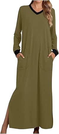 Womens Nightgowns Long Sleeve Maxi House Dress Casual Crewneck Nightshirt Dresses Full Length ...