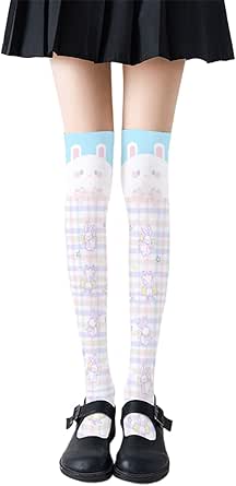 Amazon.co.jp: HaIMing 女性ロリータかわいいウサギのチェック柄プリントオーバーニーストッキング漫画サイハイソックス 1# : ファッション