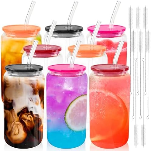 Amazon.com: Joyclub 8pcs Glass Cups with Acrylic Lids and Straws 16 oz ...