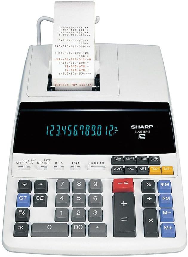 Sharp SHREL2615PIII Printing Calculator, 12-Digit Fluorescent Display ...