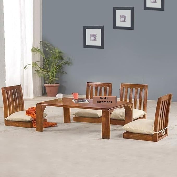 DEVKI INTERIORS Spree Low Height Wooden Dining Table 4 Seater with Chairs | Breakfast Table Set ...