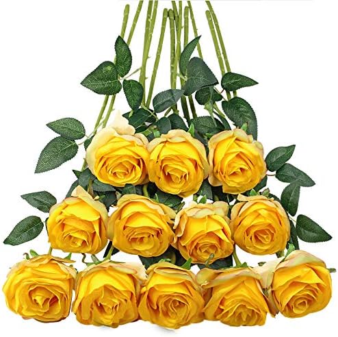 SULOLI 12PCS Artificial Roses,Single Long Stem Fake Rose Silk Bridal ...