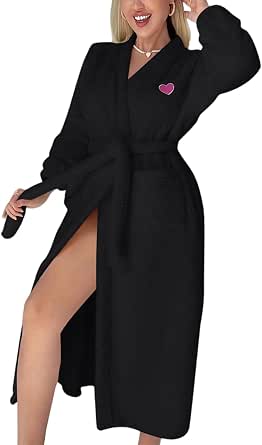 Womens Long Robe Fleece Plush Soft Fluffy Fuzzy Cozy Heart Embroidery ...