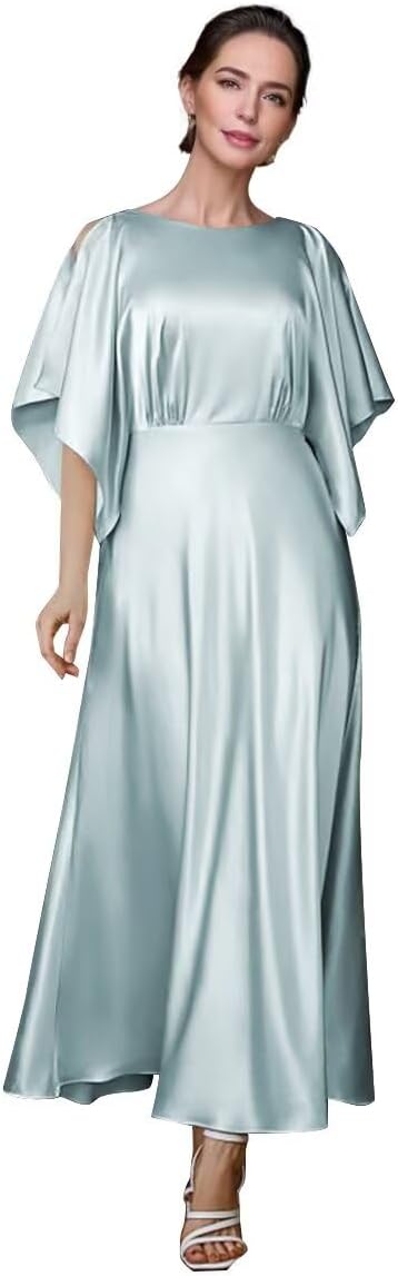 Satin Mother of The Bride Dresses for Women with Sleeves Crew Neck A ...