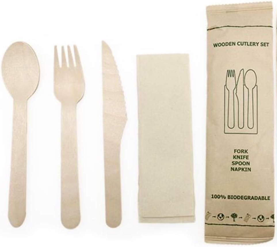 Enviropack 50 Individually Wrapped Wooden Cutlery Sets, Biodegradable ...