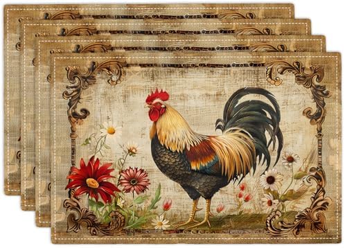 Amazon.com: Farmhouse Rooster Placemats Set of 6 Rustic Chicken ...