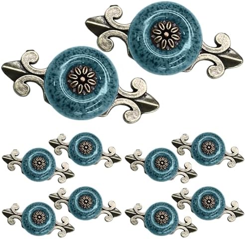 suiwotin 10pcs Ceramic Knobs Blue Dresser Knobs with Pattern, Vintage Cabinet Knobs with Antique ...