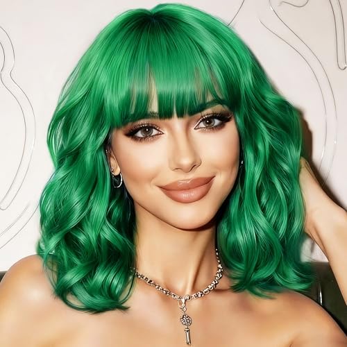 Green Wig with Bangs Short Wavy Bob Wig Loose Color Shoulder Length ...