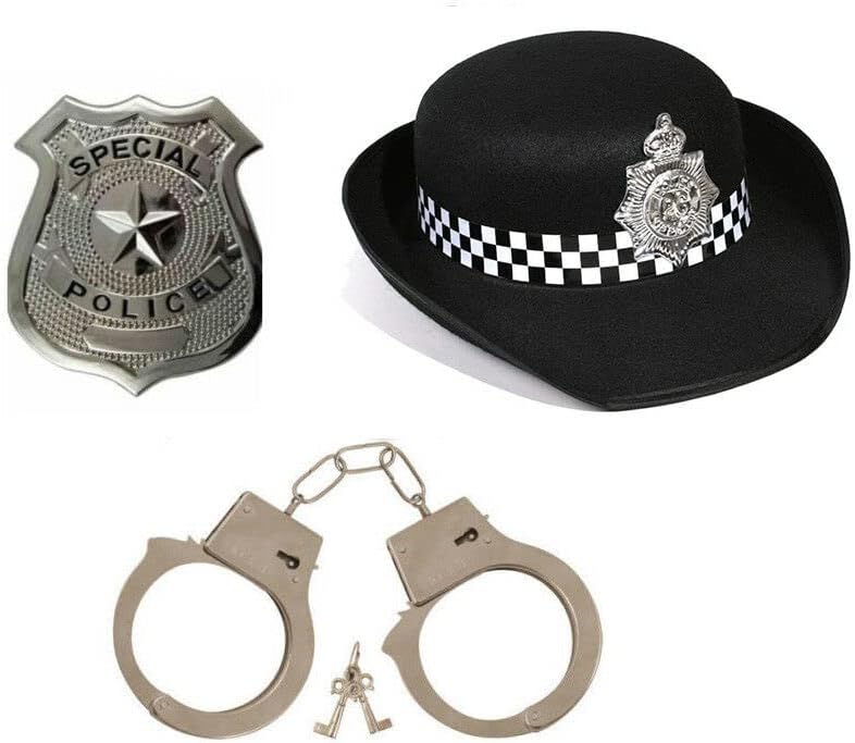 jokeshop Adults Ladies 3pc Set (Police Hat, Handcuffs & Badge ...