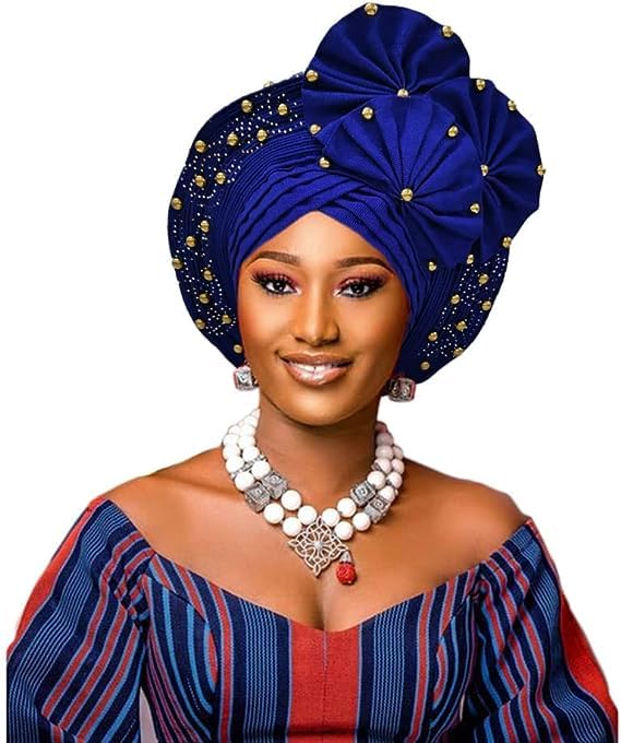 Already Made ASO Oke Gele Headties with Beads Nigerian Auto Gele Headtie African Head Wrap ...
