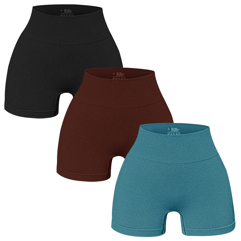 OLCHEE Womens Booty Workout Shorts Set 3 Piece - Seamless Ribbed ...