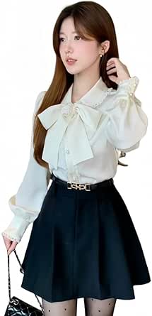 Amazon | [EDREES] 地雷系 ブラウス レディース エレガント シャツ 長袖 ラペル 前開きボタン 無地 レース トップス 上品 清純派 きれいめ デザイン感 気質 おしゃれ ...