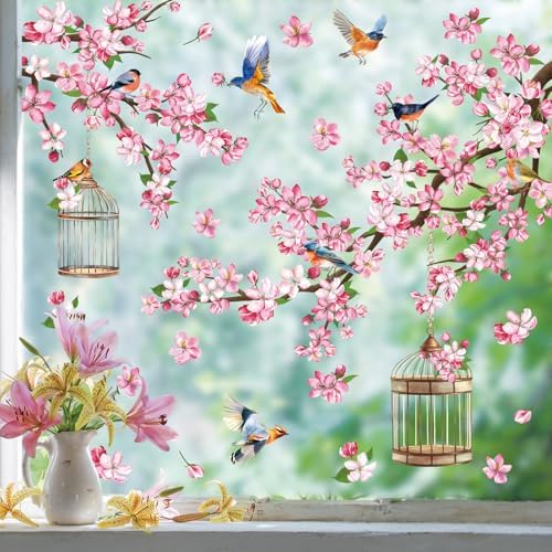 Amazon.com: Spring Summer Flowers Window Clings Sticker Hanging Pink ...