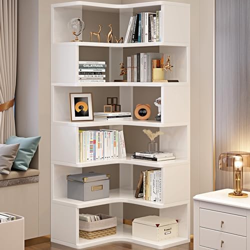 Amazon.com: KINGBO 6-Tier Corner Bookshelf, 75" Tall Solid Wood ...