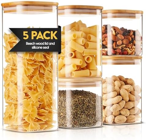 Wrenbury Glass Containers with Wooden Lids Airtight - Set of 5 ...