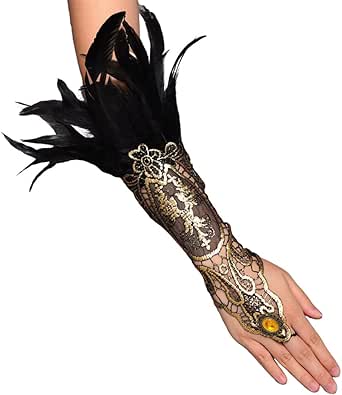 Amazon.com: Yikisdy Gothic Feather Gloves Lace Mesh Fingerless Gloves ...