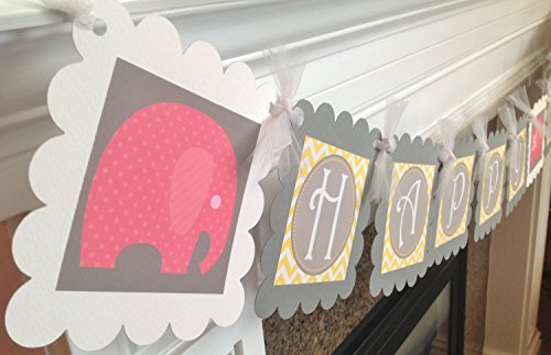 Amazon.com: Hot Pink Baby Elephant Happy Birthday Banner - Yellow ...