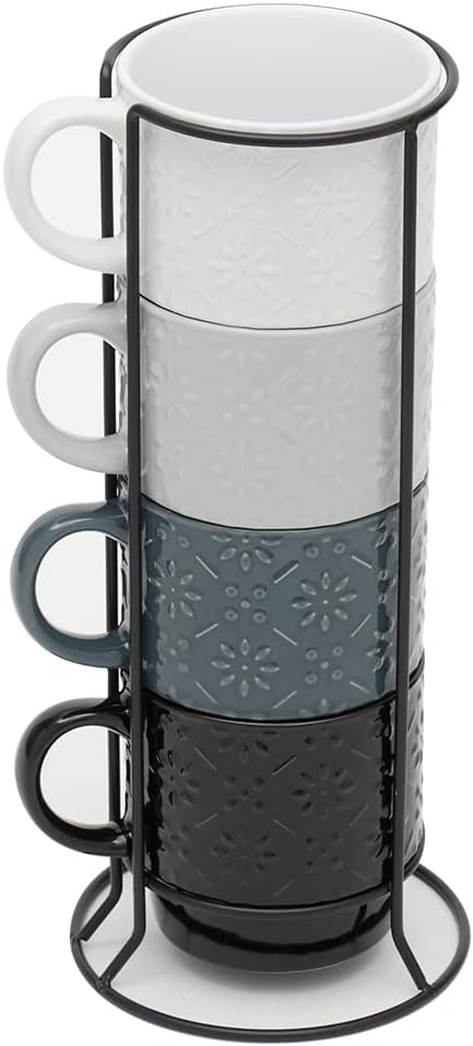 Amazon.com: Home Basics 4 Piece Stackable Mug Set with Stand (Embossed ...