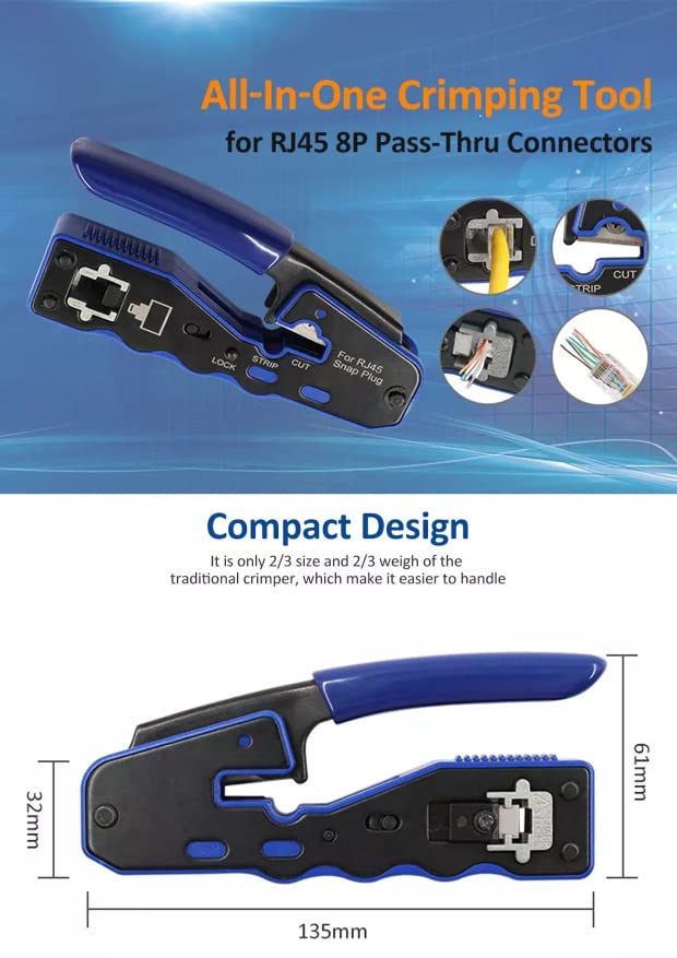 RJ45 Crimp Tool, Pass Through Ethernet Crimping Tool for Cat5, Cat6 ...