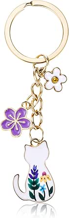 Amazon.com: LLOUSSAK Adorable Cute Cat Keychain, Enamel Flower Keyring ...