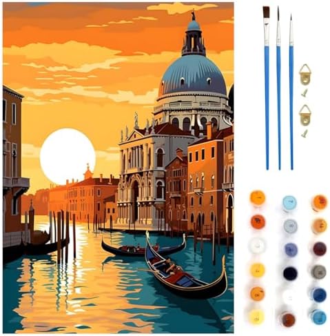 HASTHIP® Paint by Numbers Sunset Riverside Town Landscape Acrylic Oil ...