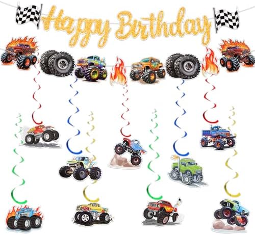 Monster Truck Geburtstag Deko Set - 2x Banner + 9x Spiralhänger, Inkl ...