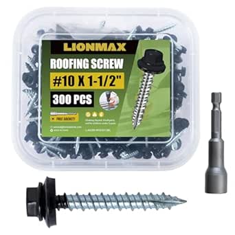 LIONMAX Metal Roofing Screws #10 × 1-1/2 Inch, 300-PCS, Black Painted Hex Head Sheet Metal Roof ...