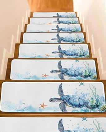 Coastal Blue Turtle Stair Treads for Wooden Steps Indoor, 4 Pack Non ...