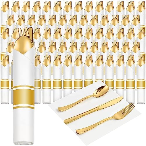 Amazon.com: Mifoci 200 Pack Pre Rolled Gold Plastic Silverware Set ...