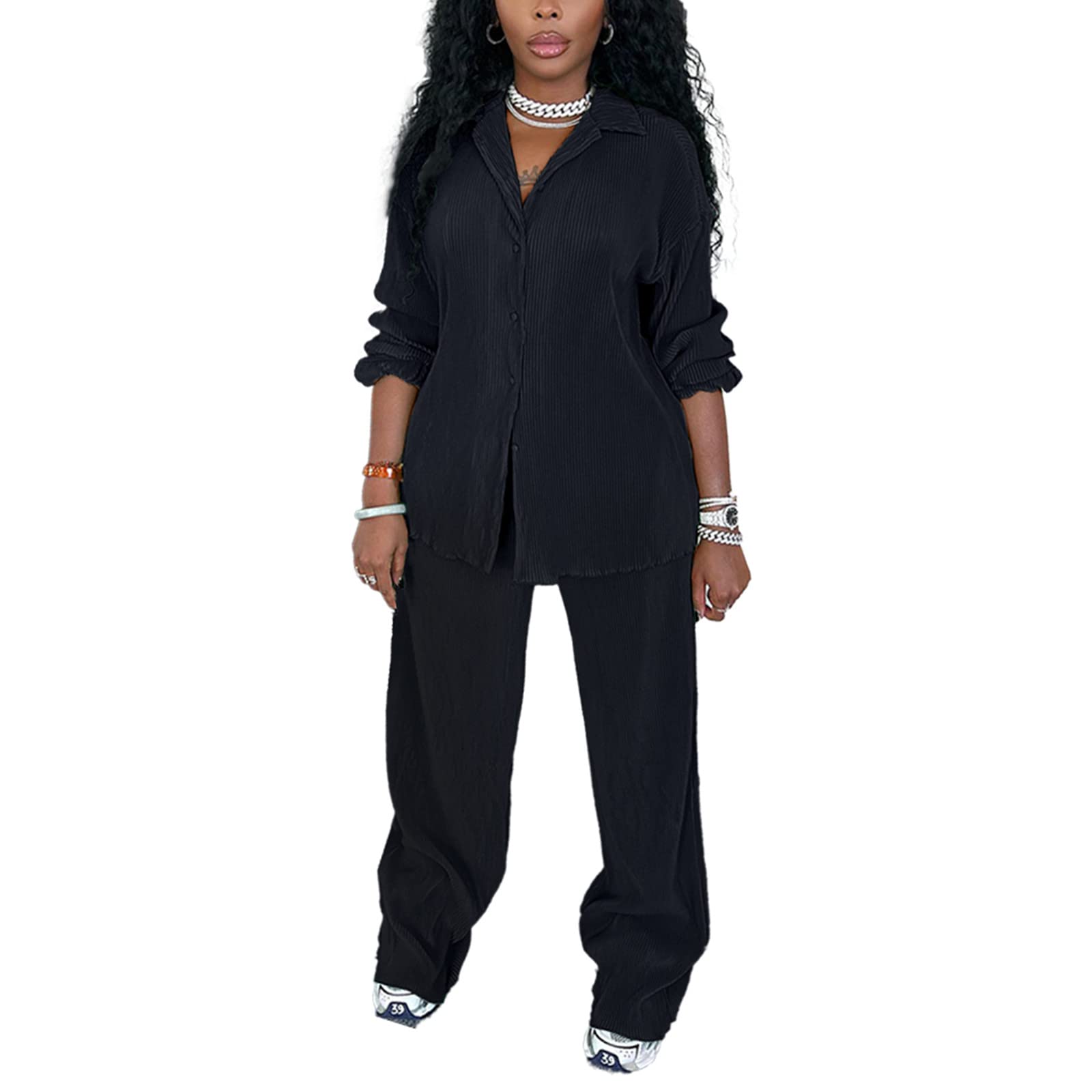 kaimimei Casual 2 Piece Outfit for Women - Linen Long Sleeve Button Down Shirt + Flare Pleated ...