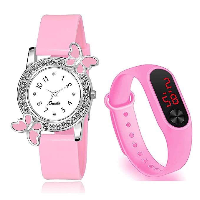 Buy Y P Hunter Pink Butterfly Analogue and Rectangular Digital Dial LED ...