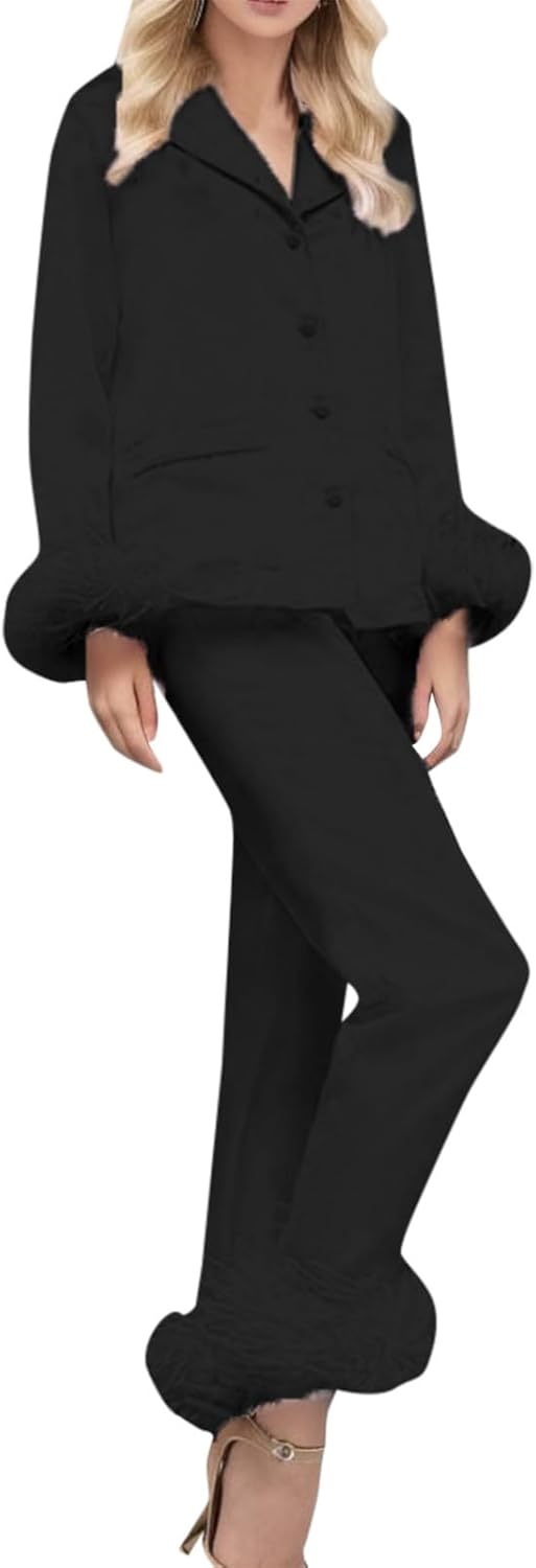 Silk Pajamas for Women Valentine Fleece Fuzzy Long Sleeve Loungewear ...