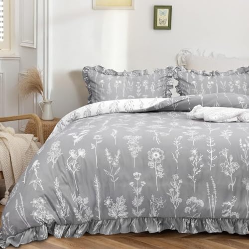 ASPMIZ Floral Duvet Cover Set Queen Size - 3 Pieces Grey Ruffle ...