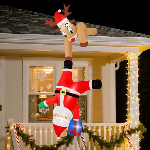 B&D 6FT Christmas Inflatable Reindeer Pulling Falling Santa Outdoor ...