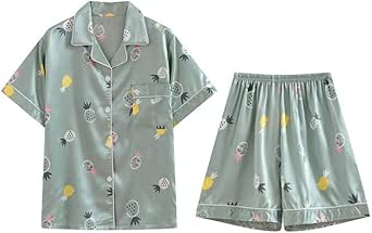 Amazon | [JIANGWEI] （ジャンーウェ）パジャマ サテン 半袖 上下セット ルームウェア 前開き 部屋着 レディース 夏 半袖 短パン 上下二点セット 便利服 かわいい 肌触り ...