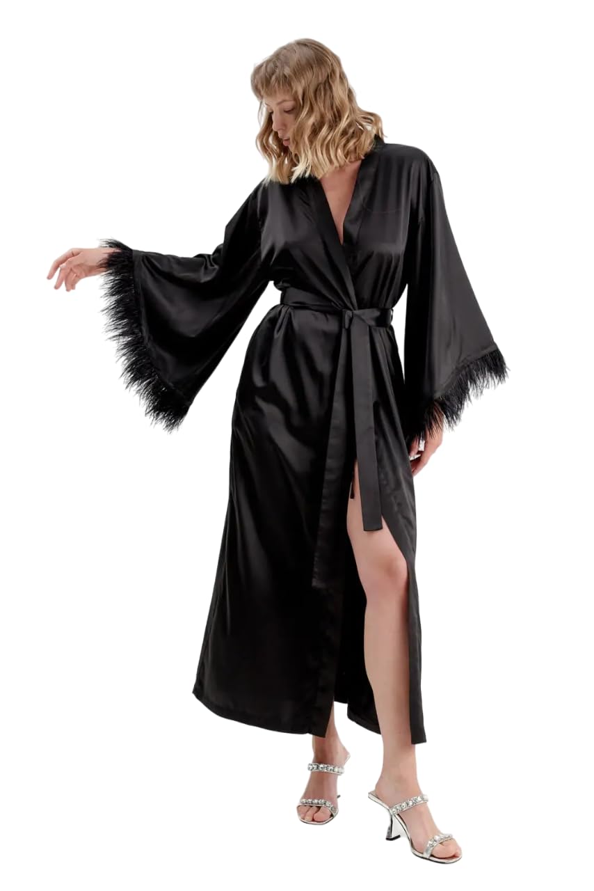 Luxe Satin Robe with Ostrich feather | Full Length | Thick Tear free ...