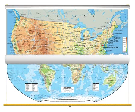 Amazon.com: Physical USA/World Map - Classroom Pull Down 2 Map Set ...