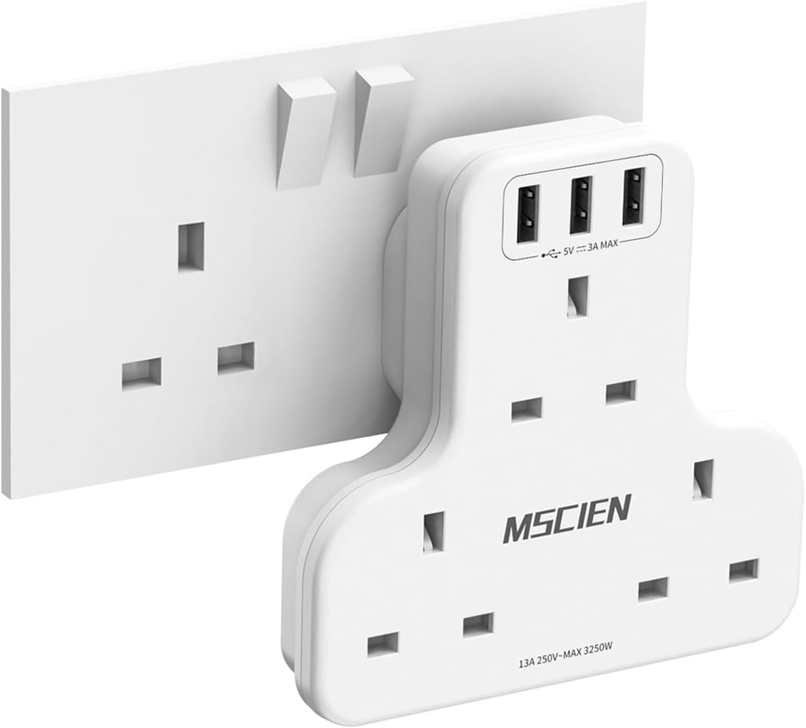 Mscien Plug Extension with USB, 3 Way Plug Adapter Multi Plug Adaptor ...