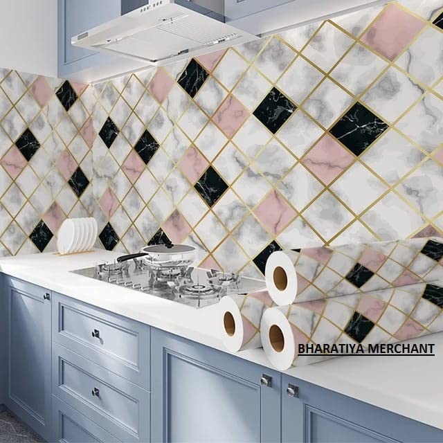 BHARATIYA MERCHANT Pink & Black Kite Marble Pattern Kitchen Anti-Oil Stickers Wallpaper Self ...